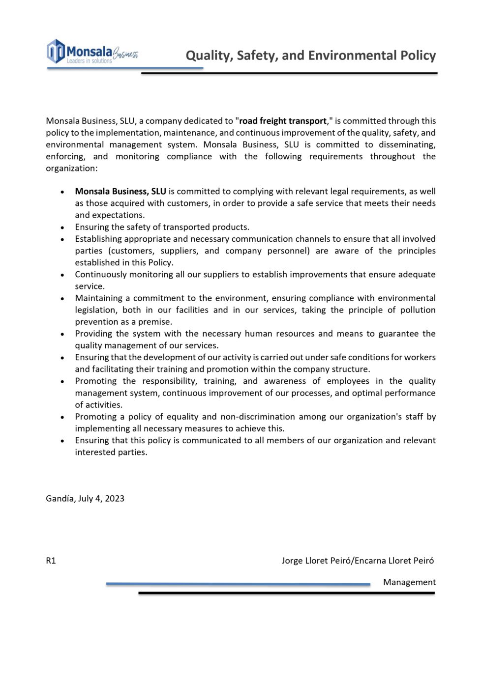 Quality, Safety and Environmental Policy - Monsala Business SLU ...